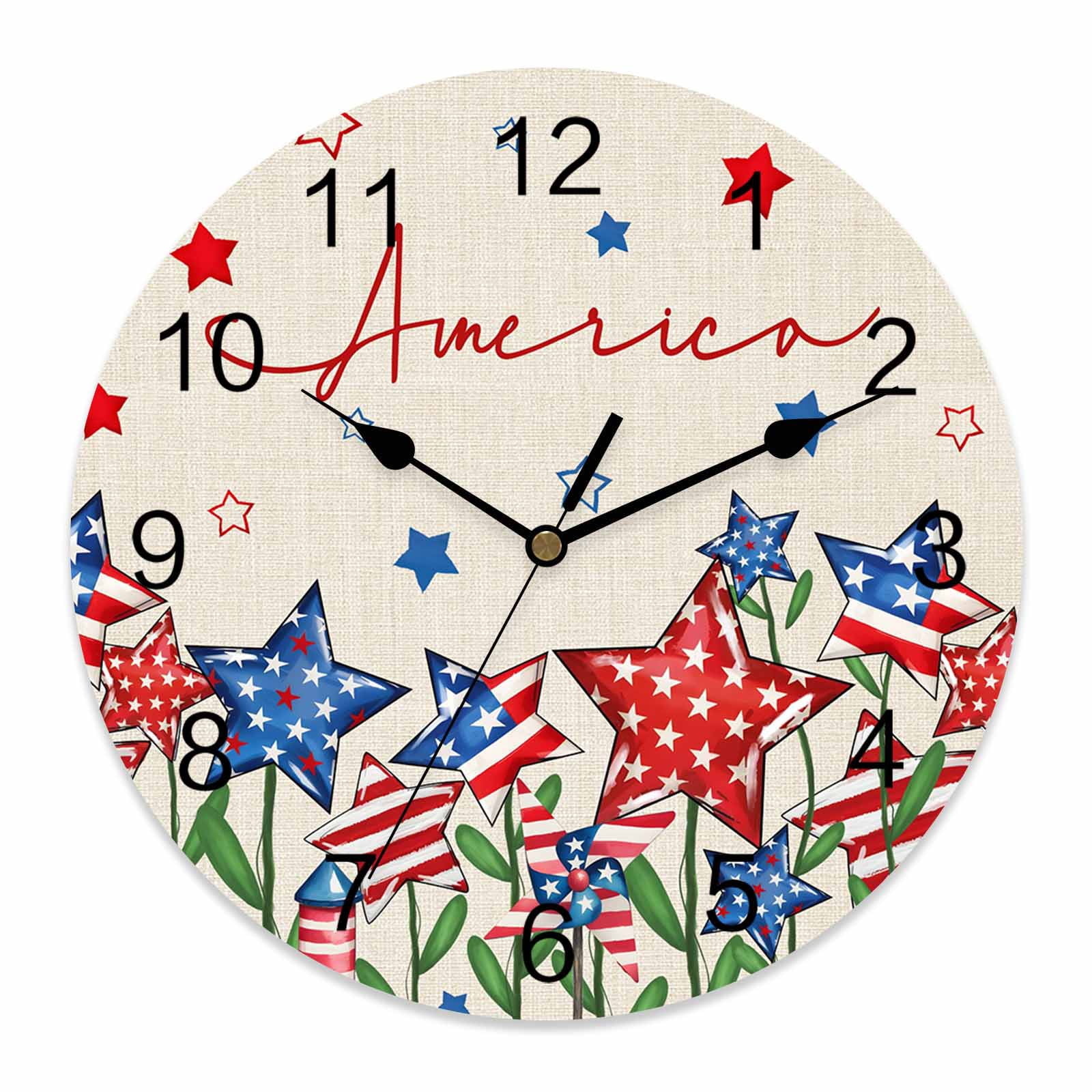 4th of July Wall Clock Patriotic Stars American Flag Clocks PVC Silent ...