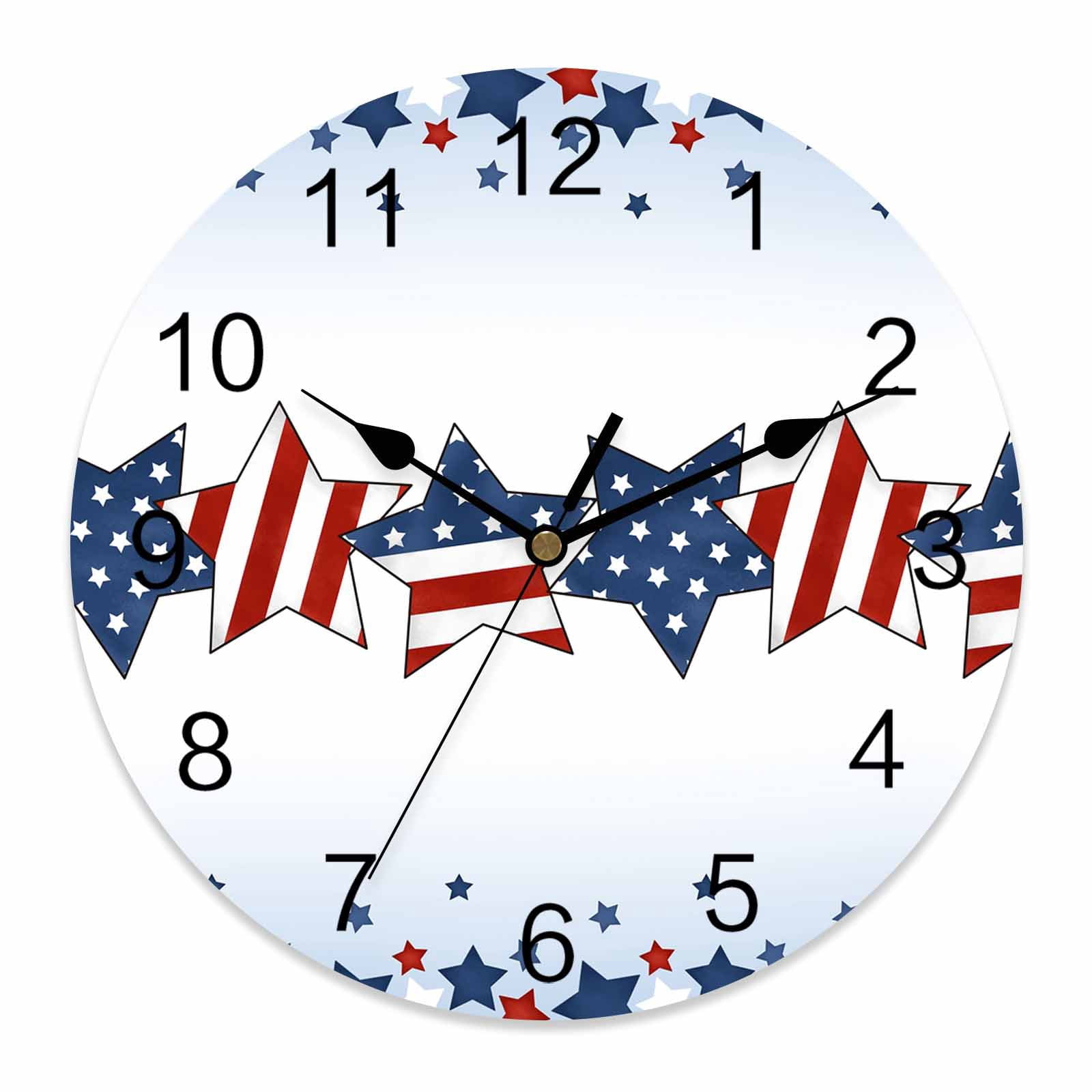4th of July Wall Clock Patriotic Stars Clocks PVC Silent Non-Ticking ...