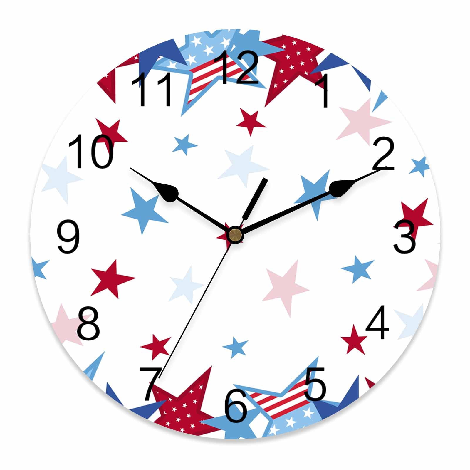 4th of July Wall Clock Patriotic Stars Clocks PVC Silent Non-Ticking ...