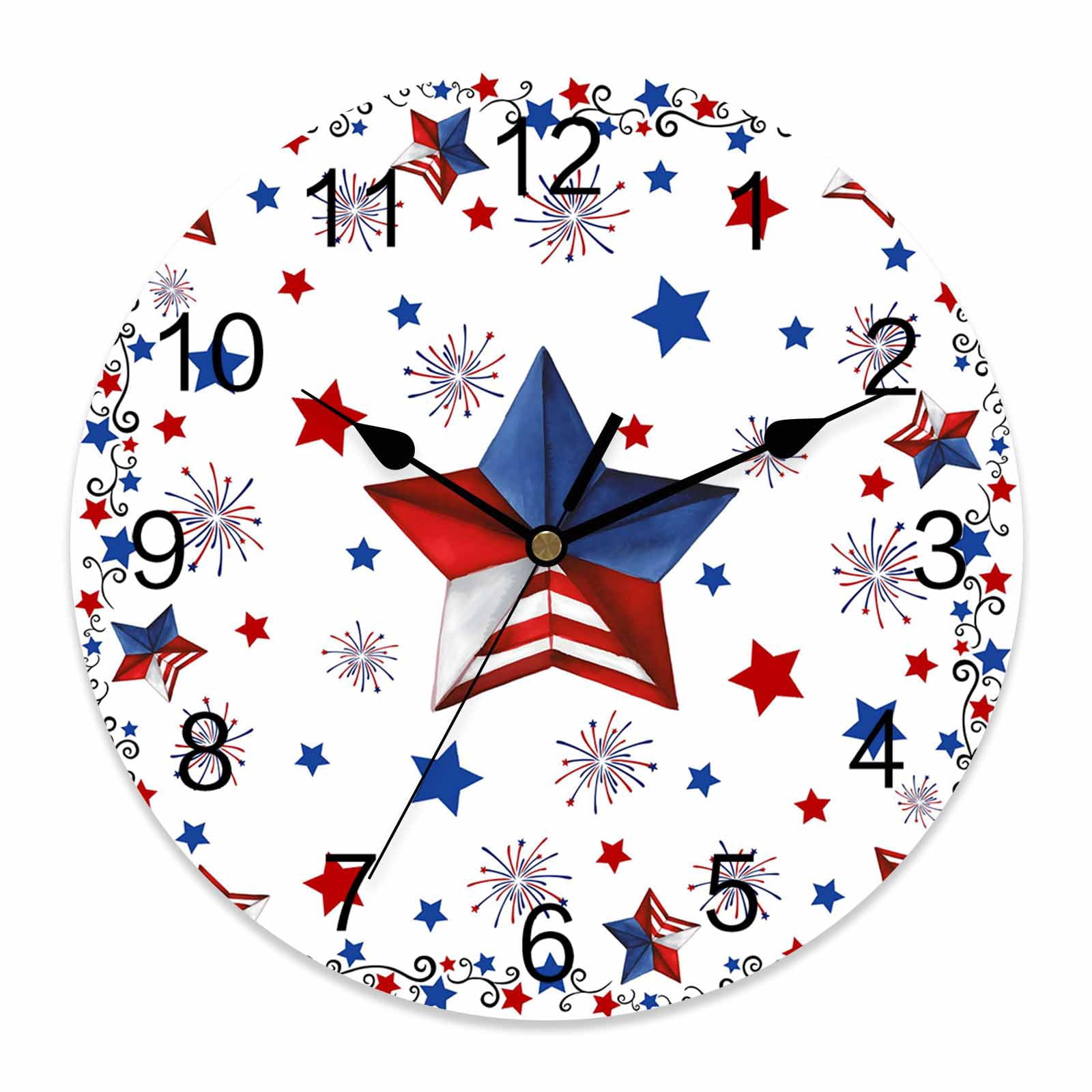 4th of July Wall Clock Patriotic Stars Fireworks Clocks PVC Silent Non ...