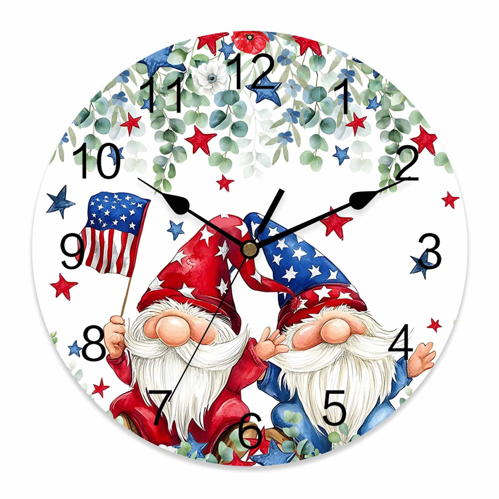 4th of July Wall Clock Patriotic Stars Gnome Clocks PVC Silent Non ...
