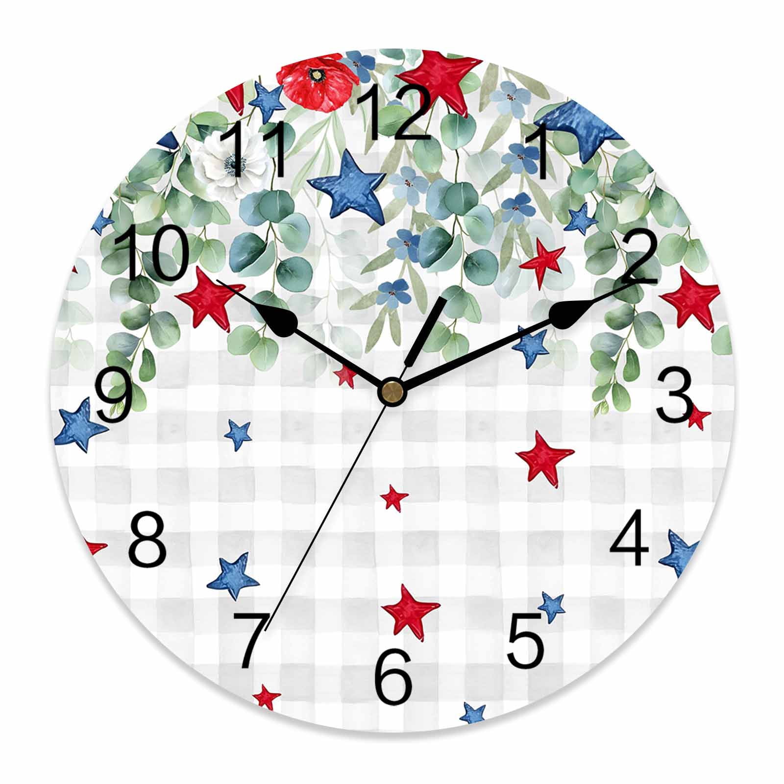 4th of July Wall Clock Patriotic Stars Poppy Clocks PVC Silent Non ...