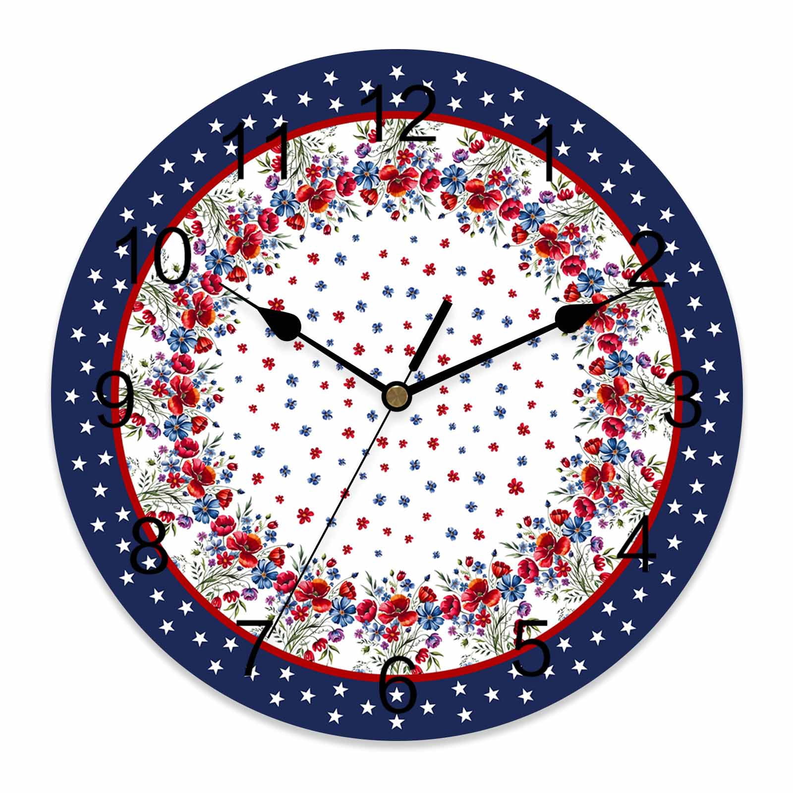 4th of July Wall Clock Patriotic Stars Poppy Flower Clocks PVC Silent ...