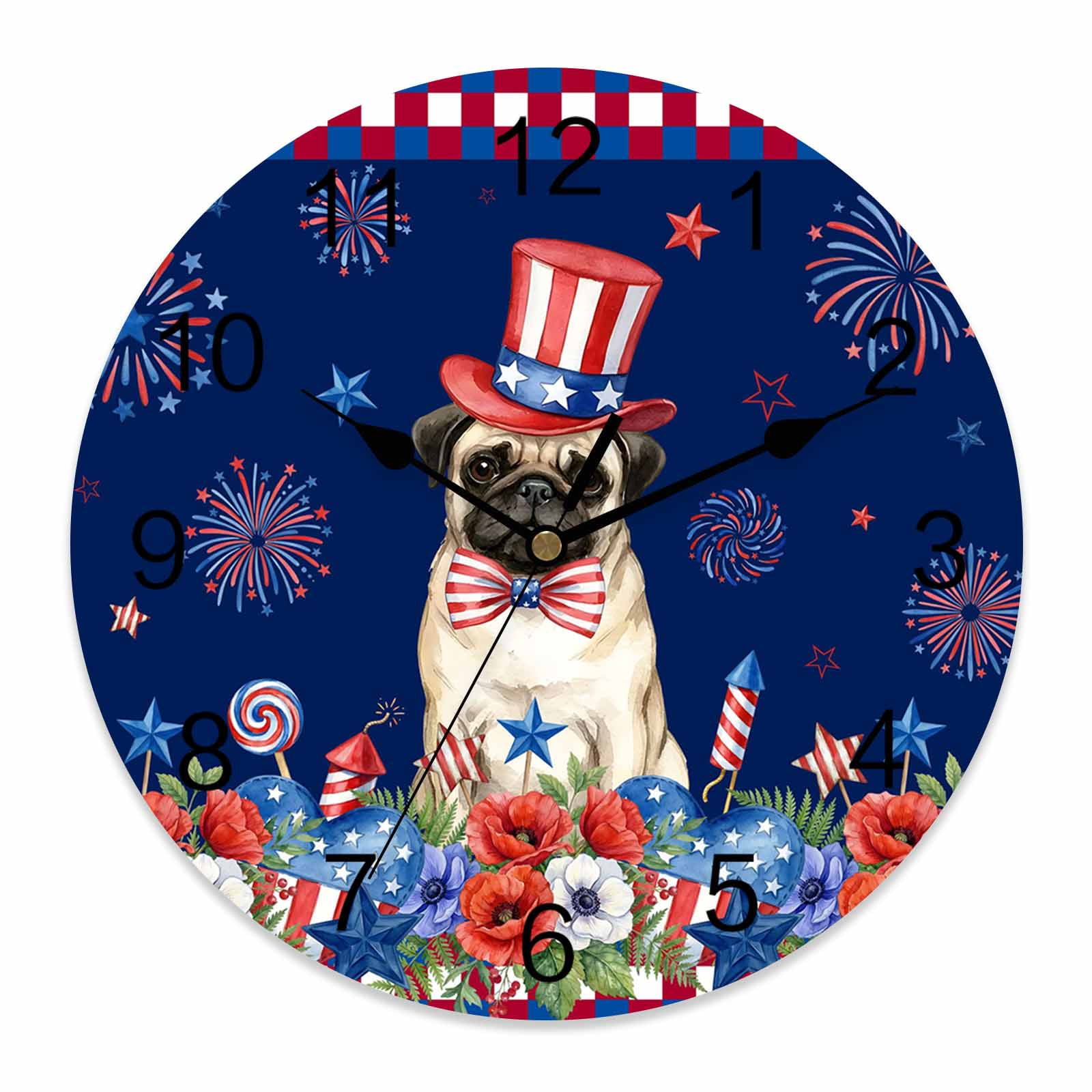 4th of July Wall Clock Patriotic Stars Pug Clocks PVC Silent Non ...