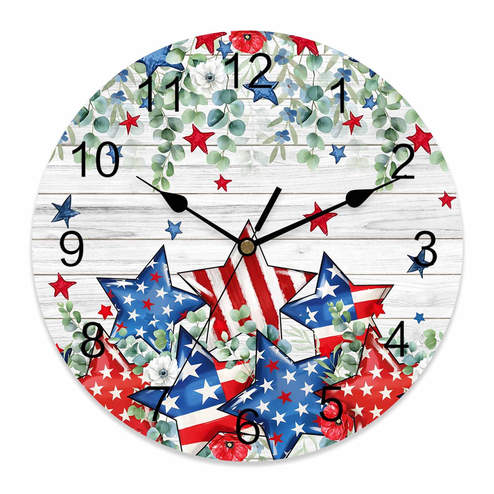 4th of July Wall Clock Patriotic Stars Stripes Clocks PVC Silent Non ...
