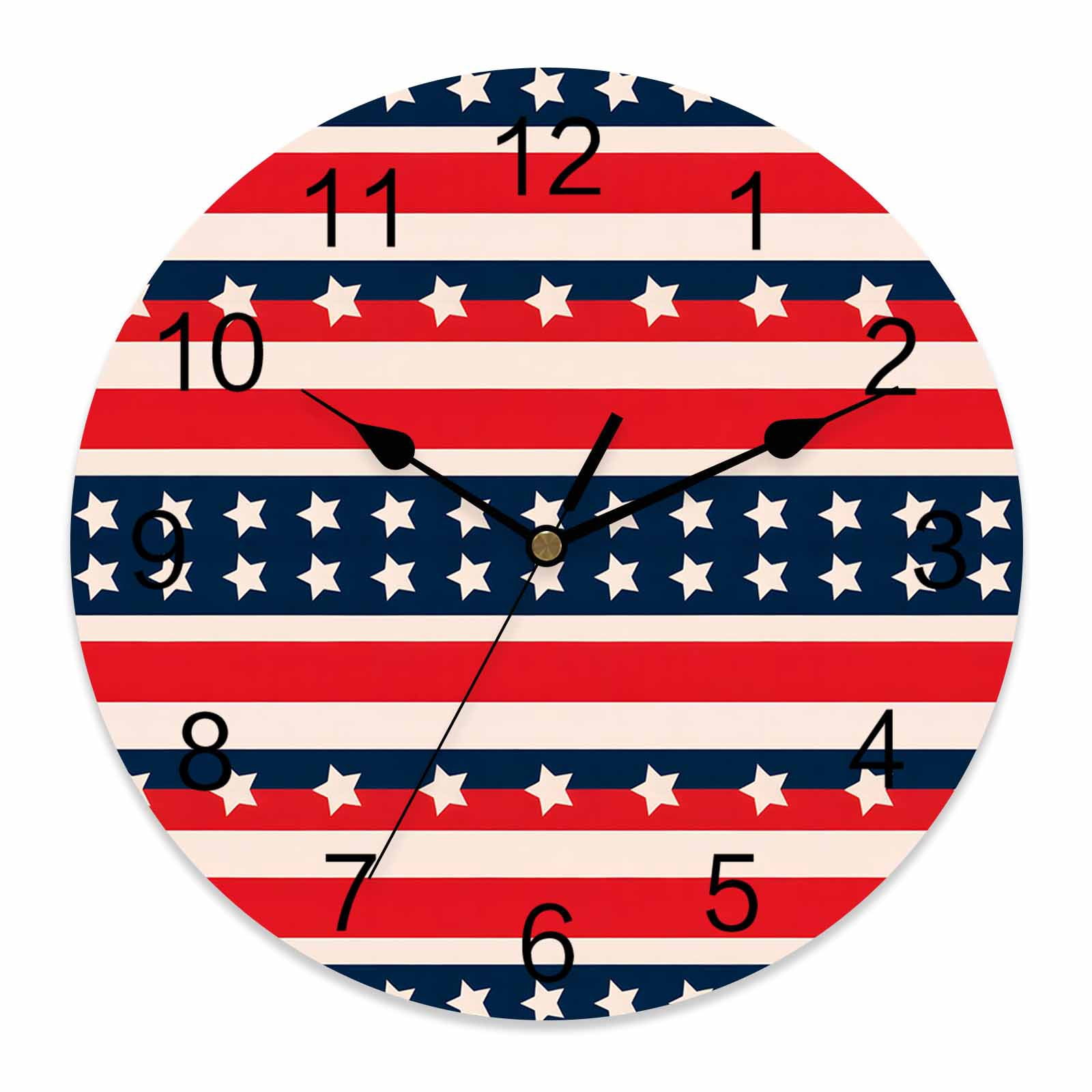 4th of July Wall Clock Patriotic Stars Stripes Clocks PVC Silent Non ...