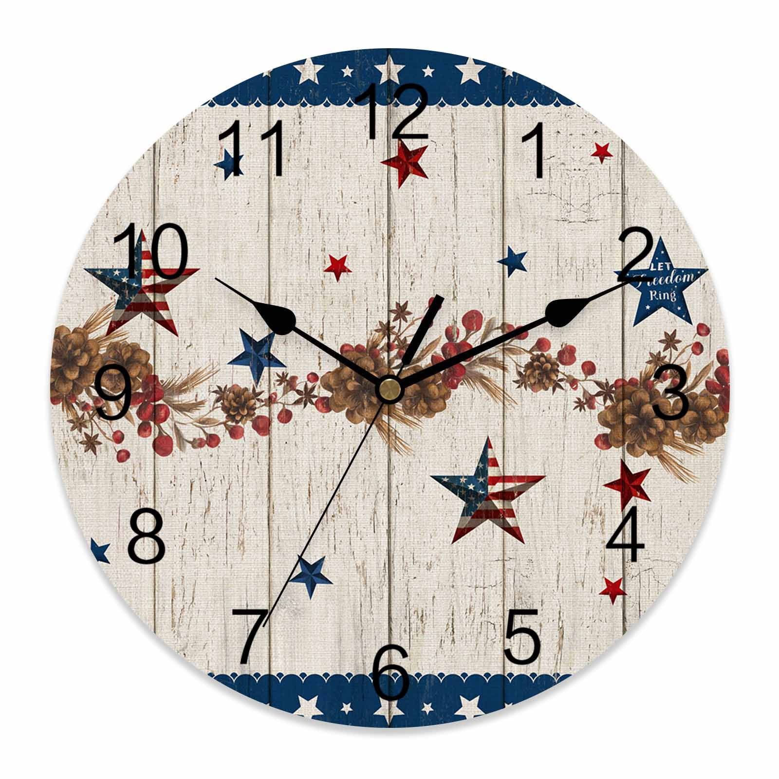 4th of July Wall Clock Patriotic Stars USA Flag Clocks PVC Silent Non ...
