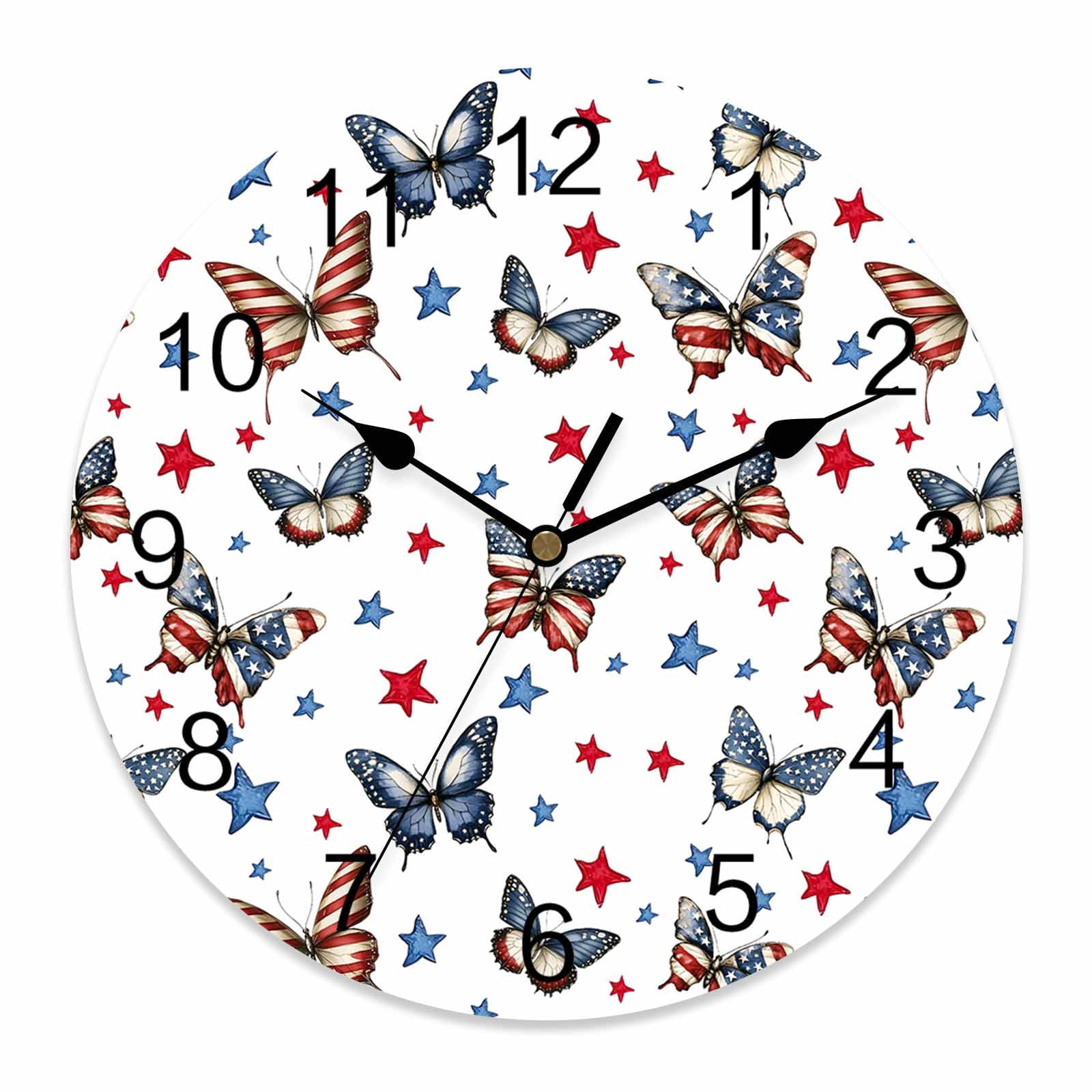 4th of July Wall Clock Patriotic Stras Butterfly Clocks PVC Silent Non ...