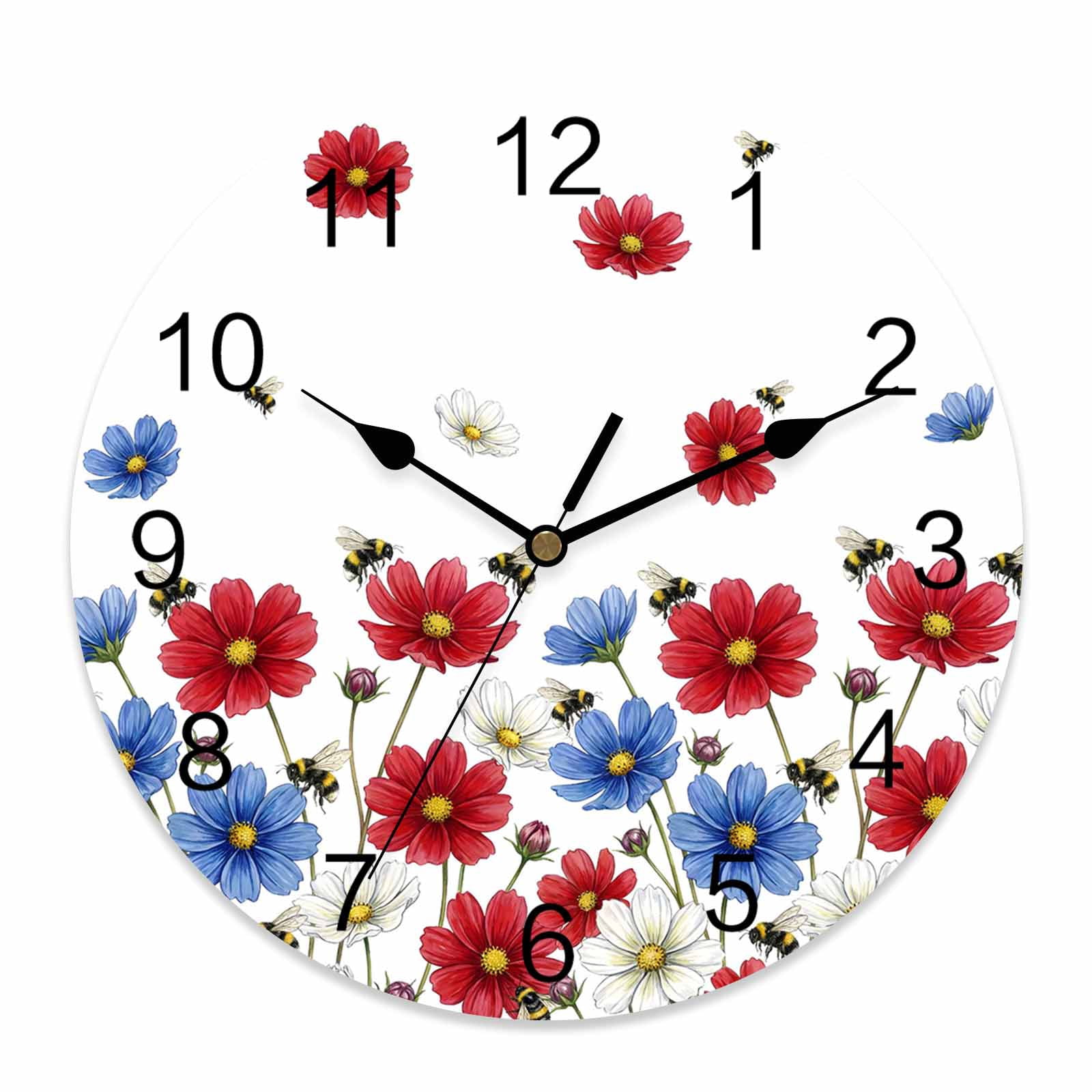 4th of July Wall Clock Poppy Daisy Flower Clocks PVC Silent Non-Ticking ...