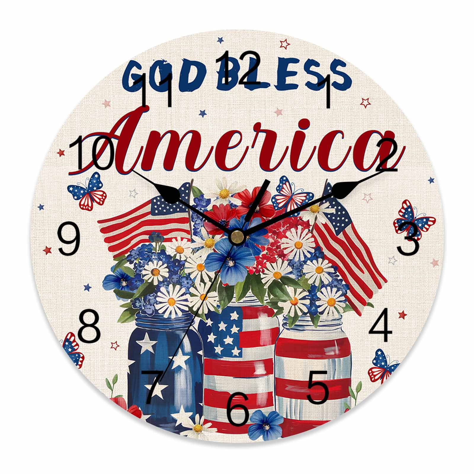 4th of July Wall Clock Red Blue Floral Vase Clocks PVC Silent Non ...