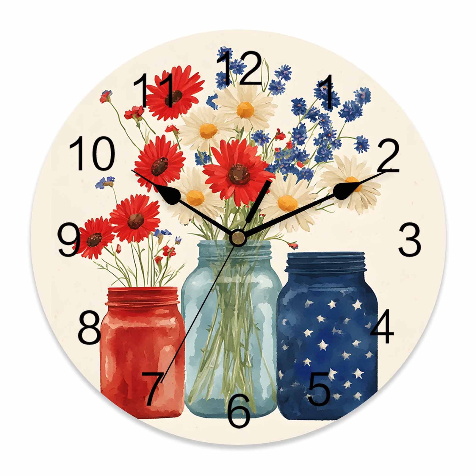 4th of July Wall Clock Red Blue Flower Vase Clocks PVC Silent Non ...