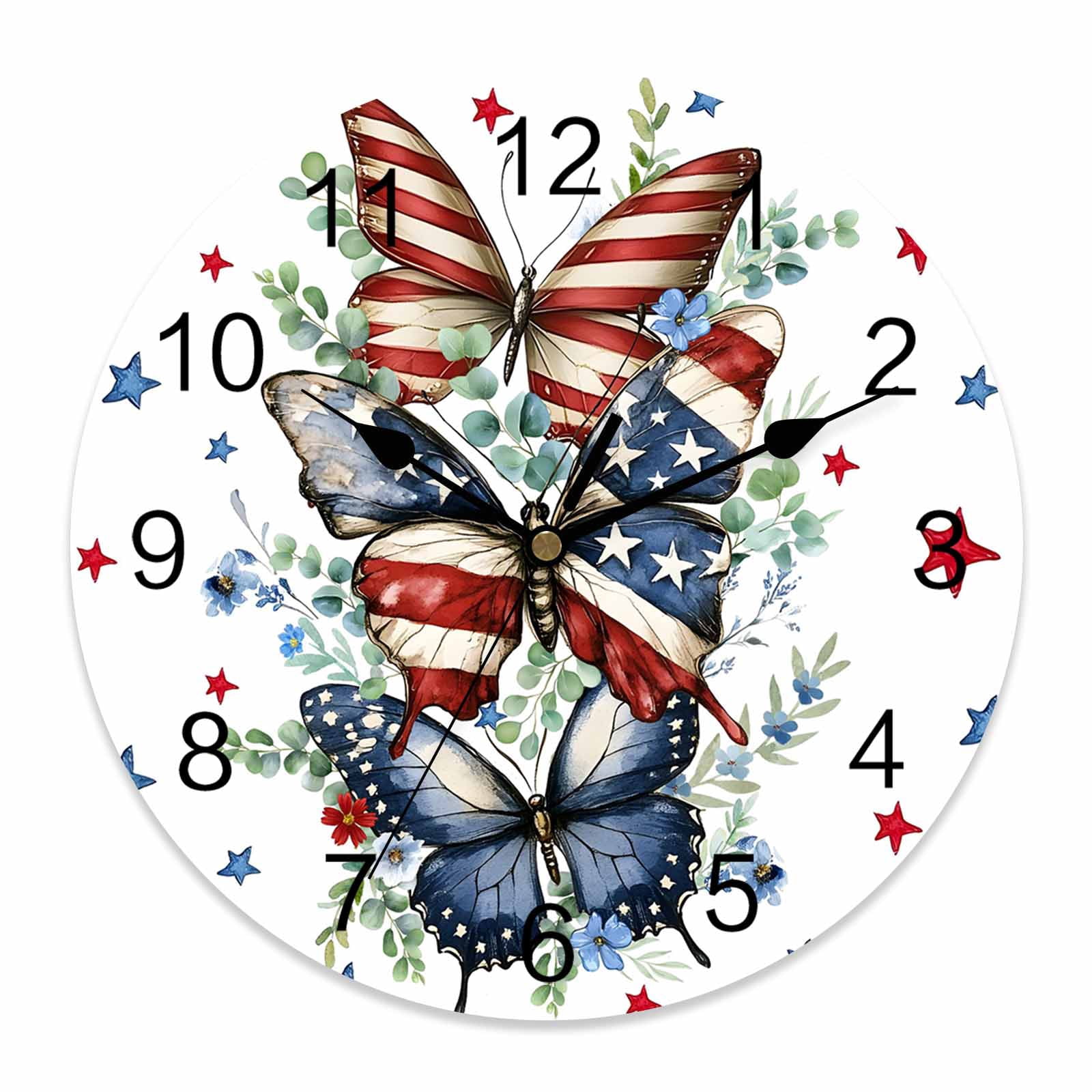 4th of July Wall Clock Red Blue Stars Butterfly Clocks PVC Silent Non ...