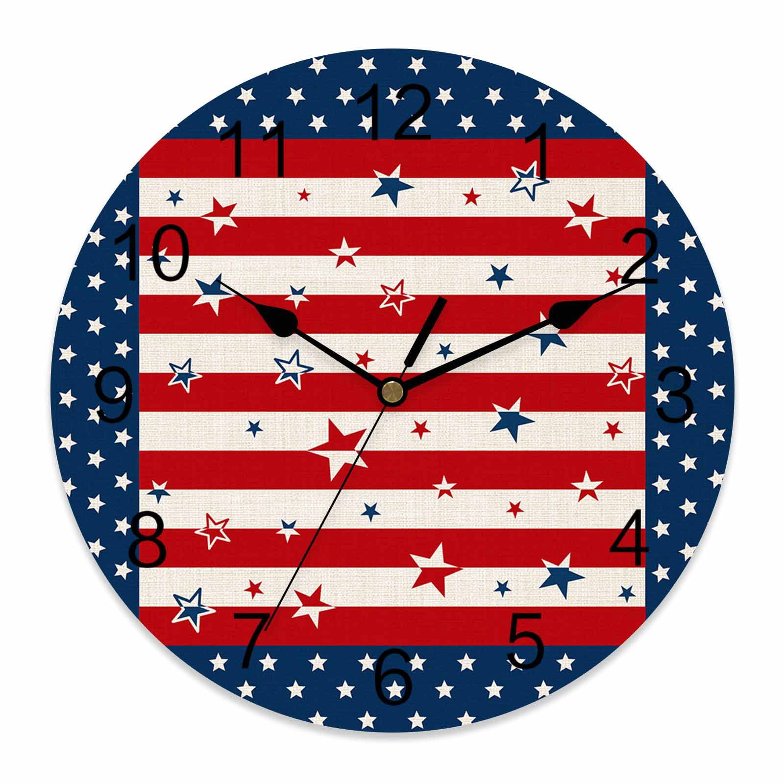 4th of July Wall Clock Red Blue Stars Stripes Clocks PVC Silent Non ...