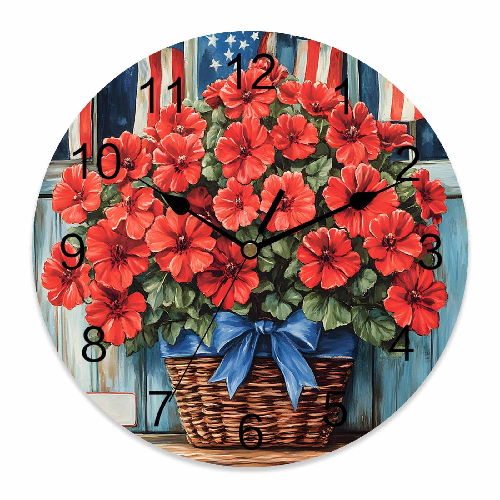 4th of July Wall Clock Red Poppy Bouquet Clocks PVC Silent Non-Ticking ...