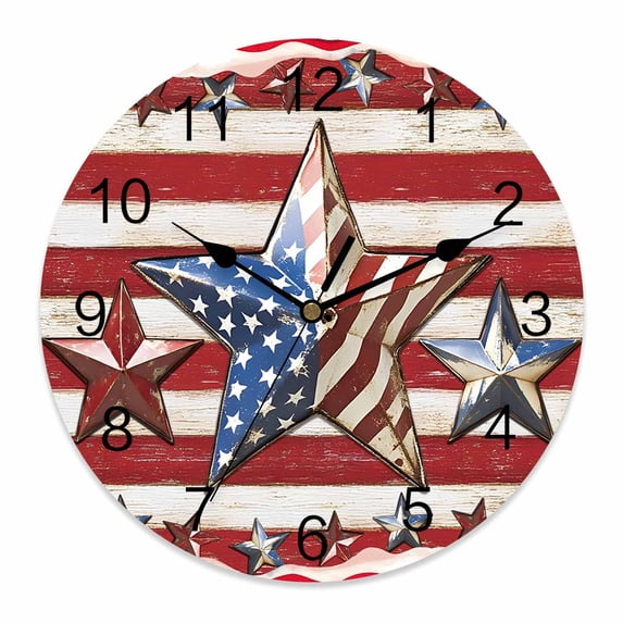 4th of July Wall Clock Red Stars Stripes Clocks PVC Silent Non-Ticking ...