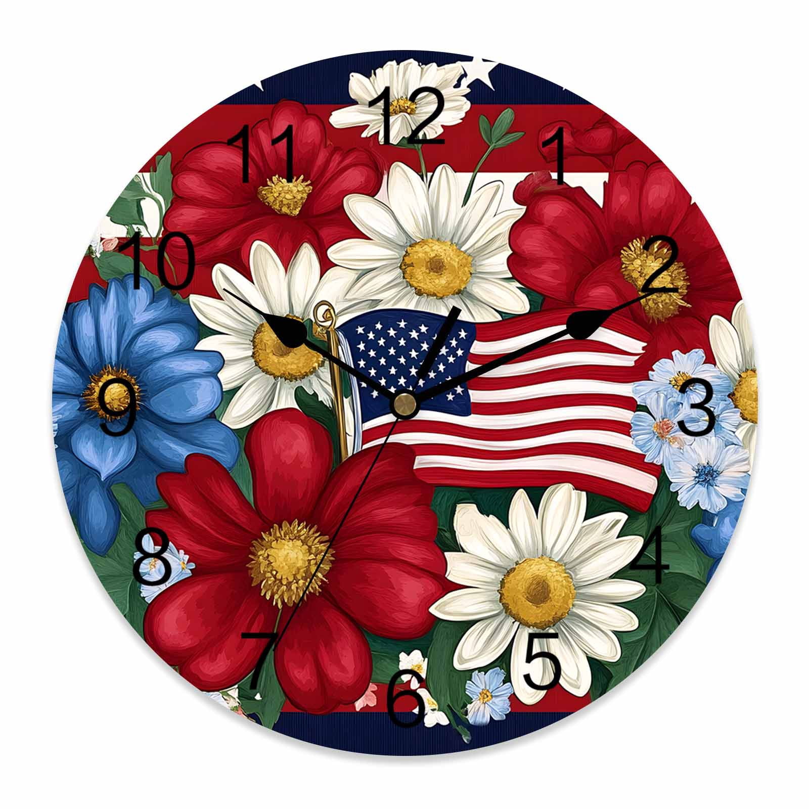 4th of July Wall Clock Red White and Blue Poppy Clocks PVC Silent Non ...