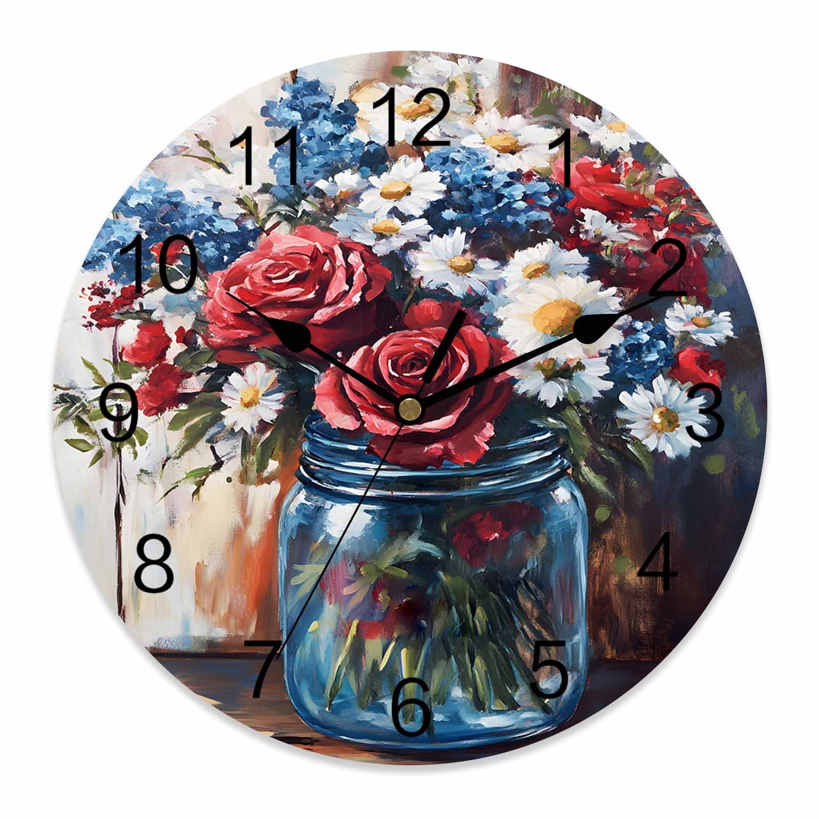 4th of July Wall Clock Red White and Blue Rose Clocks PVC Silent Non ...