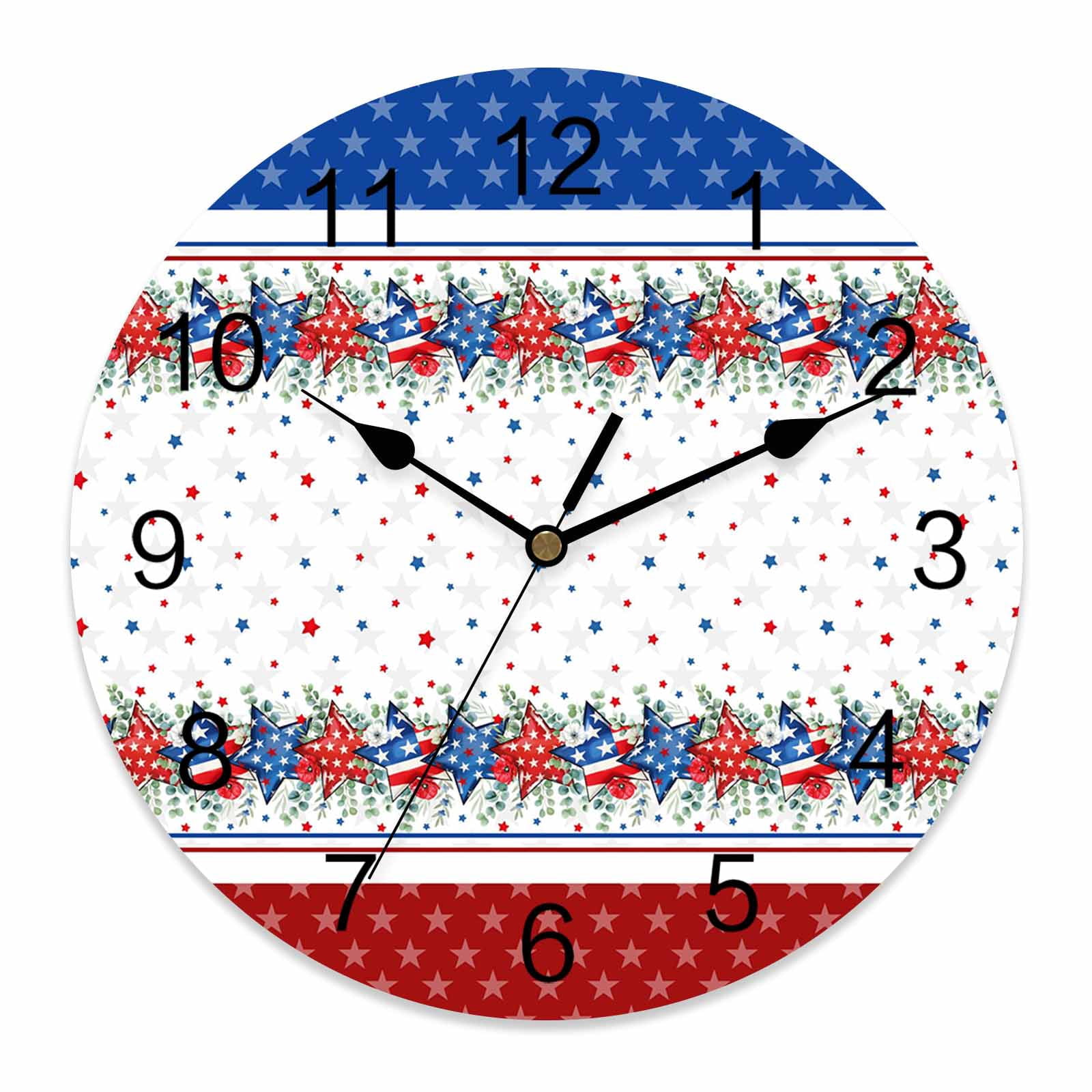 4th of July Wall Clock Red White and Blue Stars Clocks PVC Silent Non ...