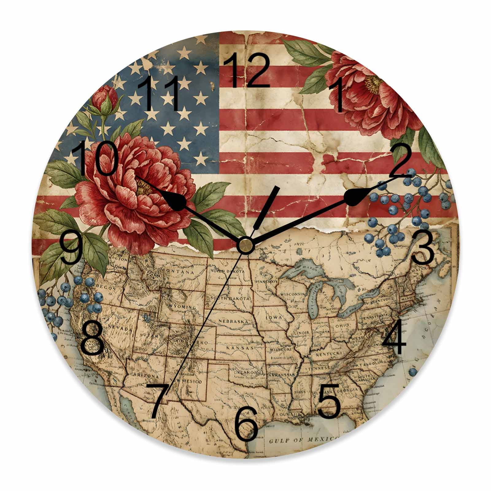 4th of July Wall Clock Retro American Flag Clocks PVC Silent Non ...