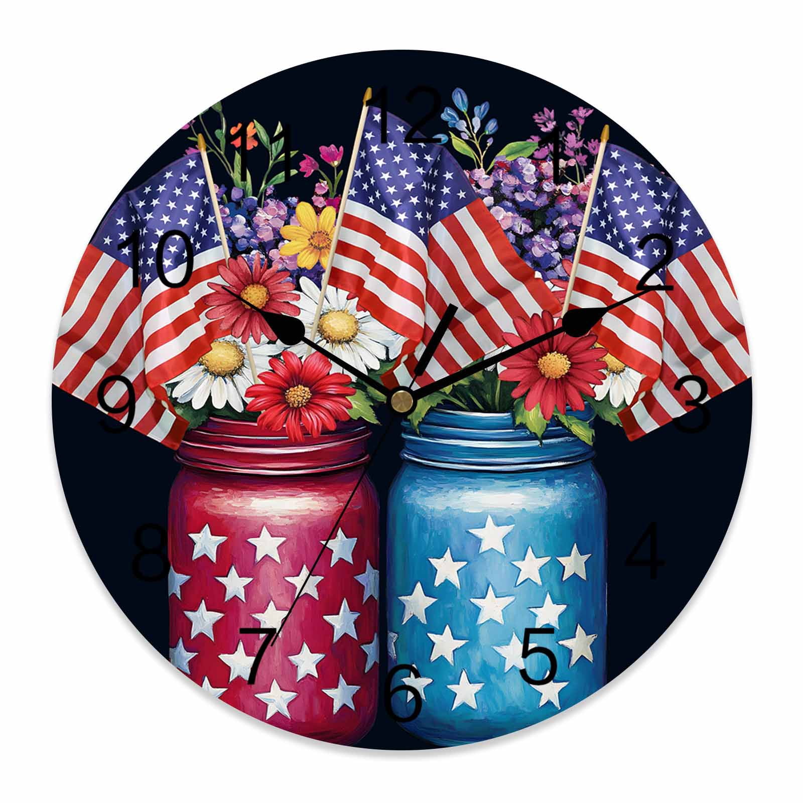 4th of July Wall Clock Star Floral Vase Clocks PVC Silent Non-Ticking ...