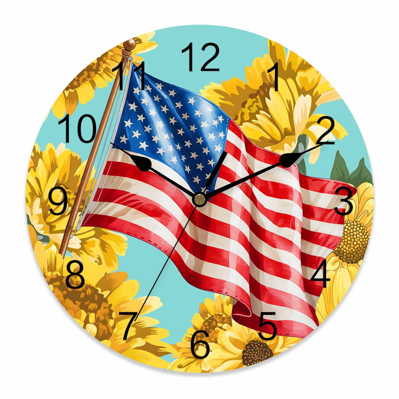 4th of July Wall Clock USA Flag Yellow Daisy Clocks PVC Silent Non ...