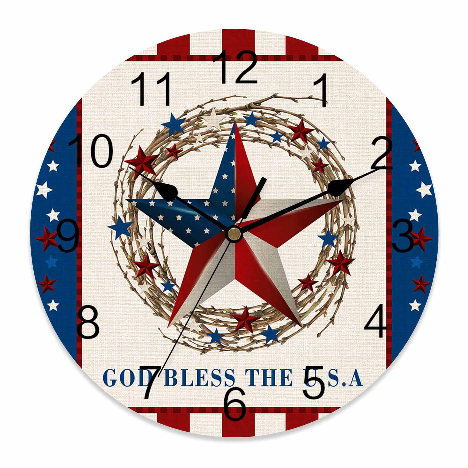 4th of July Wall Clock USA Stars Flag Farmhouse Clocks PVC Silent Non ...
