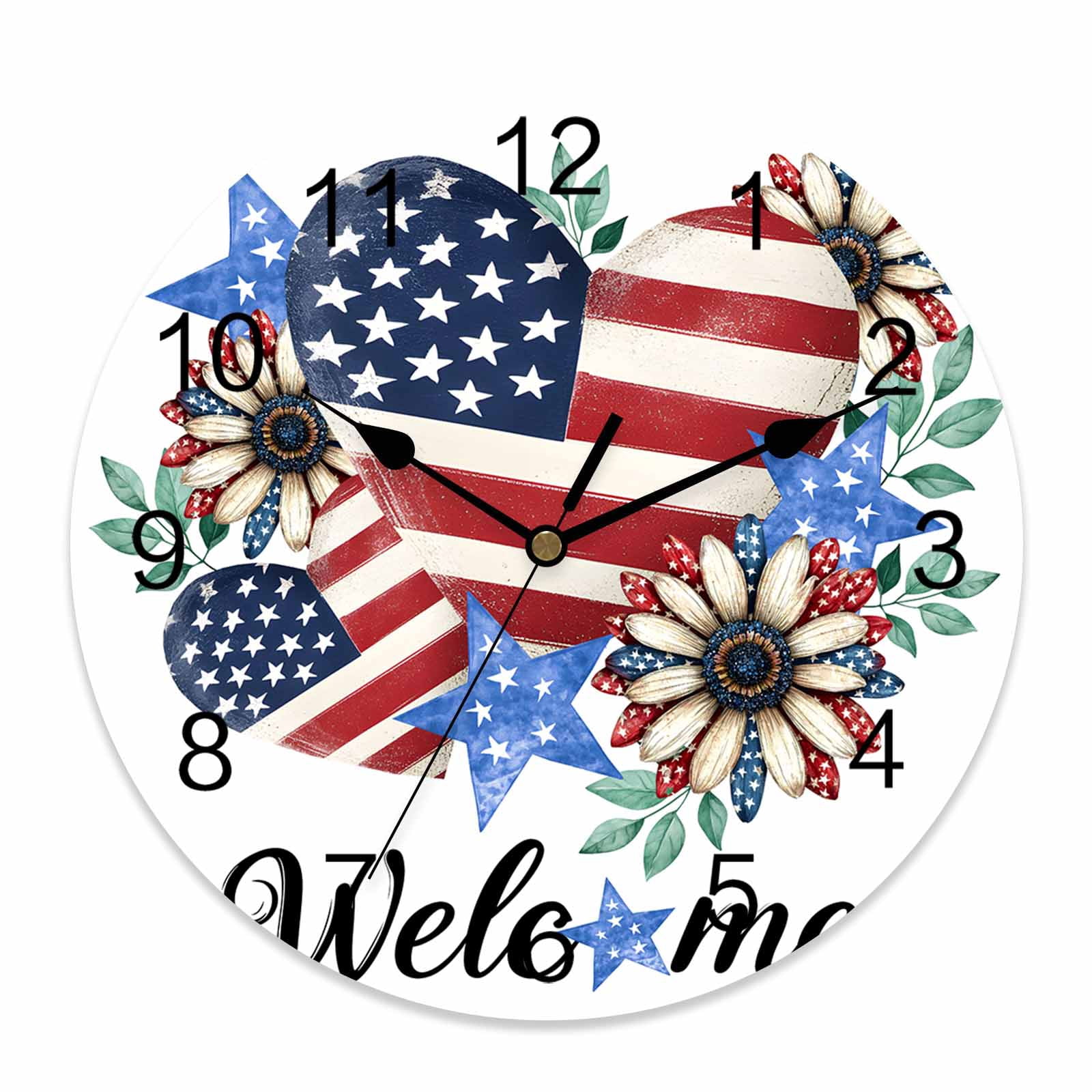 4th of July Wall Clock Welcome Stars Stripes Clocks PVC Silent Non ...