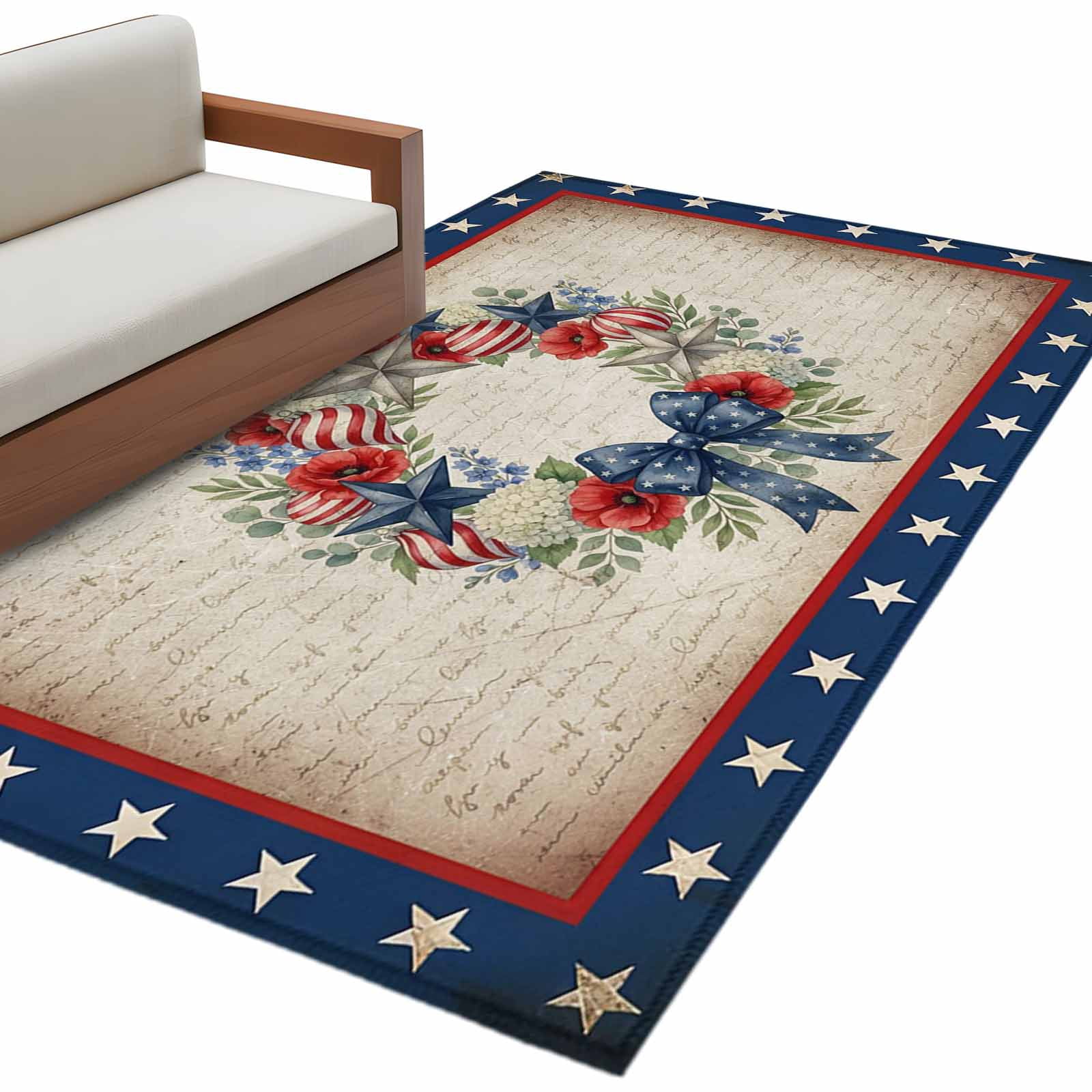 4th of July Washable Area Rugs 3'x5', Red Blue Stars Floral Leaf Wreath ...