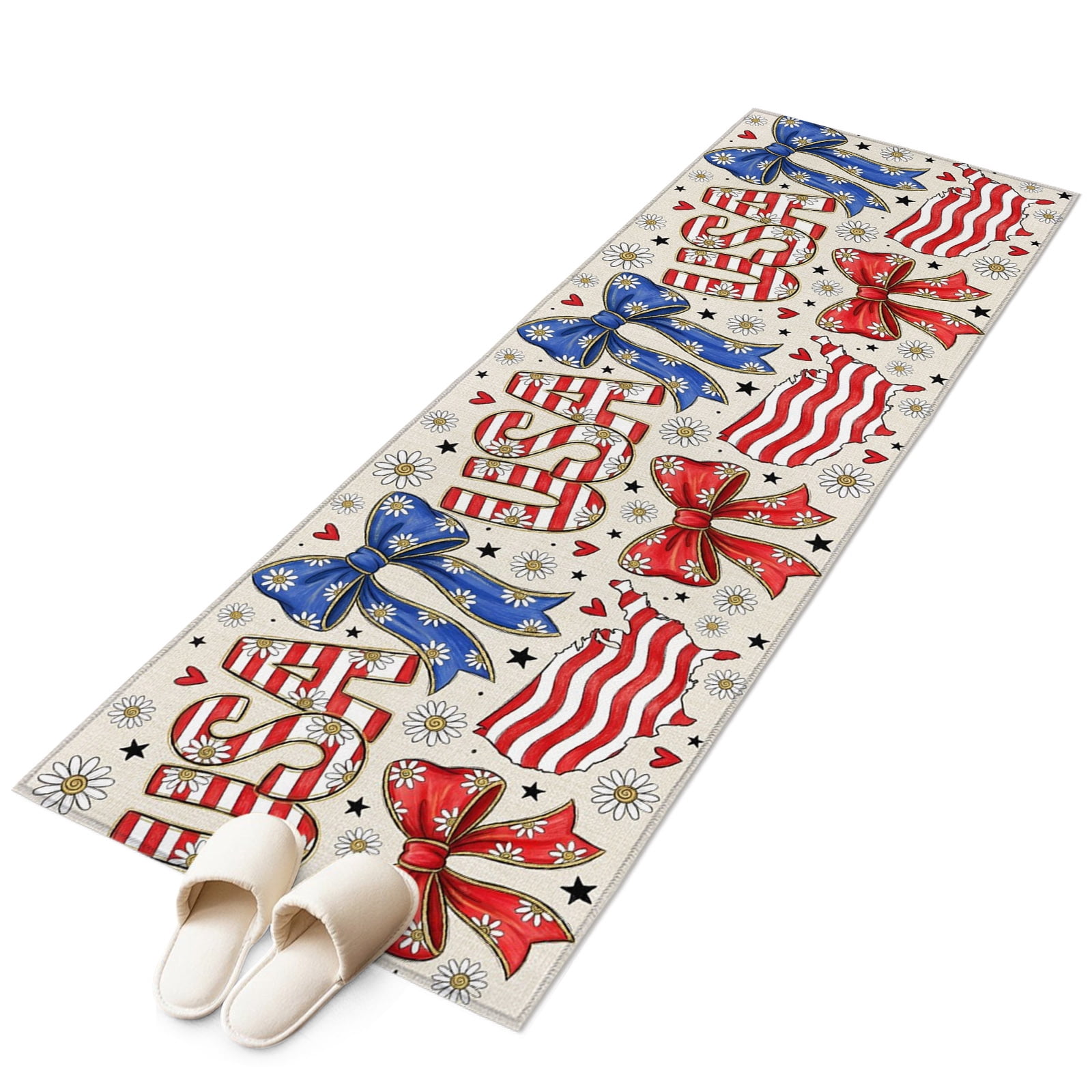 4th of July Washable Runner Rugs 2'x6', USA Ribbon Bow America Map ...