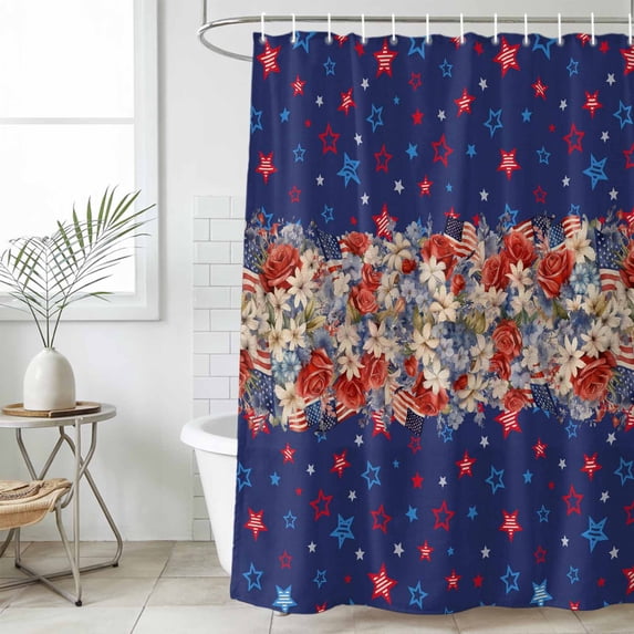 4th of July Waterproof Fabric Shower Curtain,Blue Red Star Flowers ...