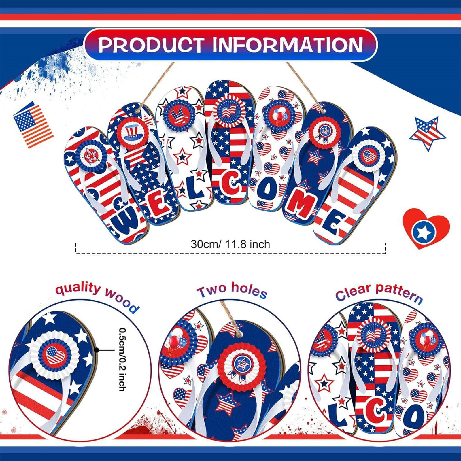 4th of July Welcome Door Decor Patriotic Welcome Flip Flop Sign Wooden ...