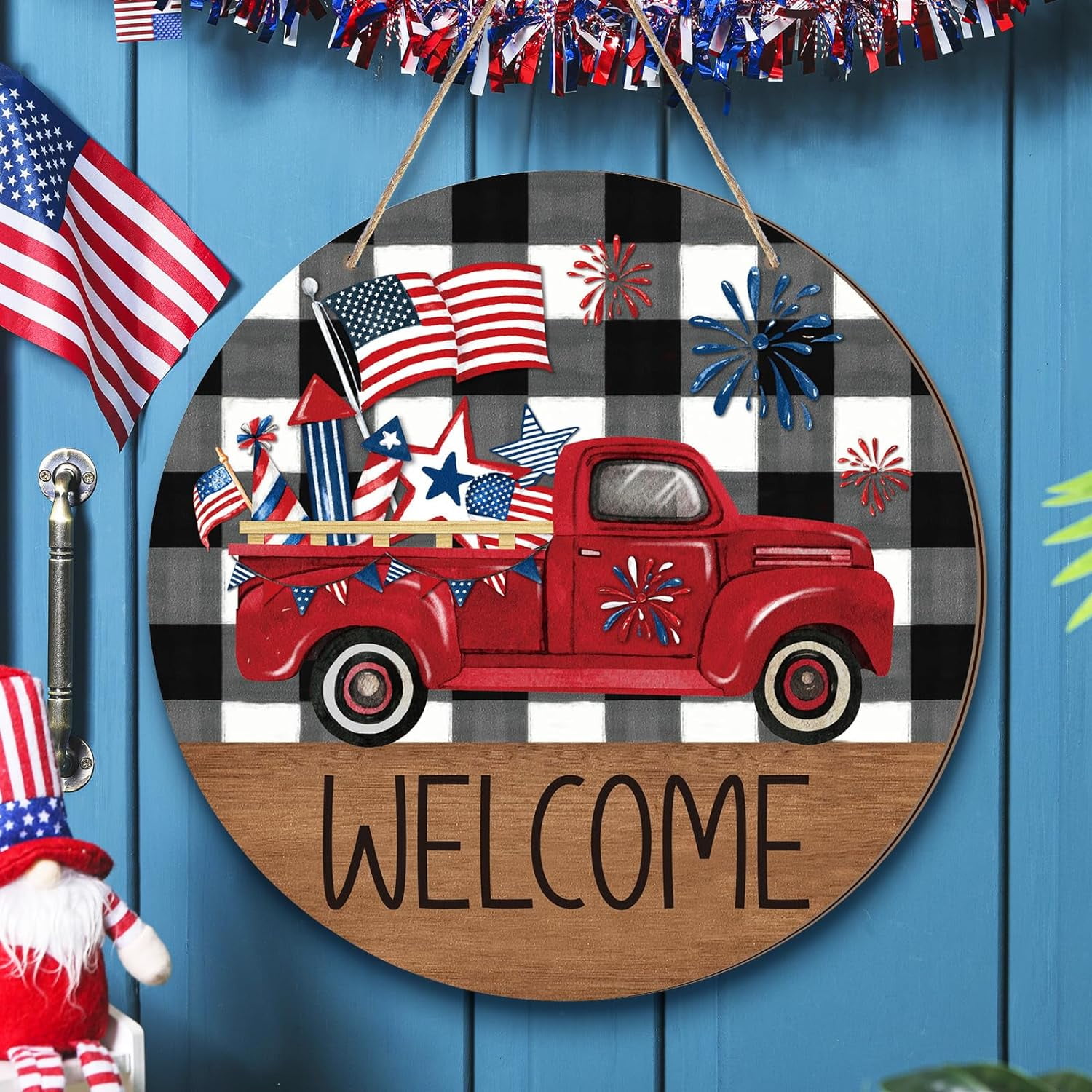 4th of July Welcome Sign Decoration Rustic Patriotic Front Door Decor ...
