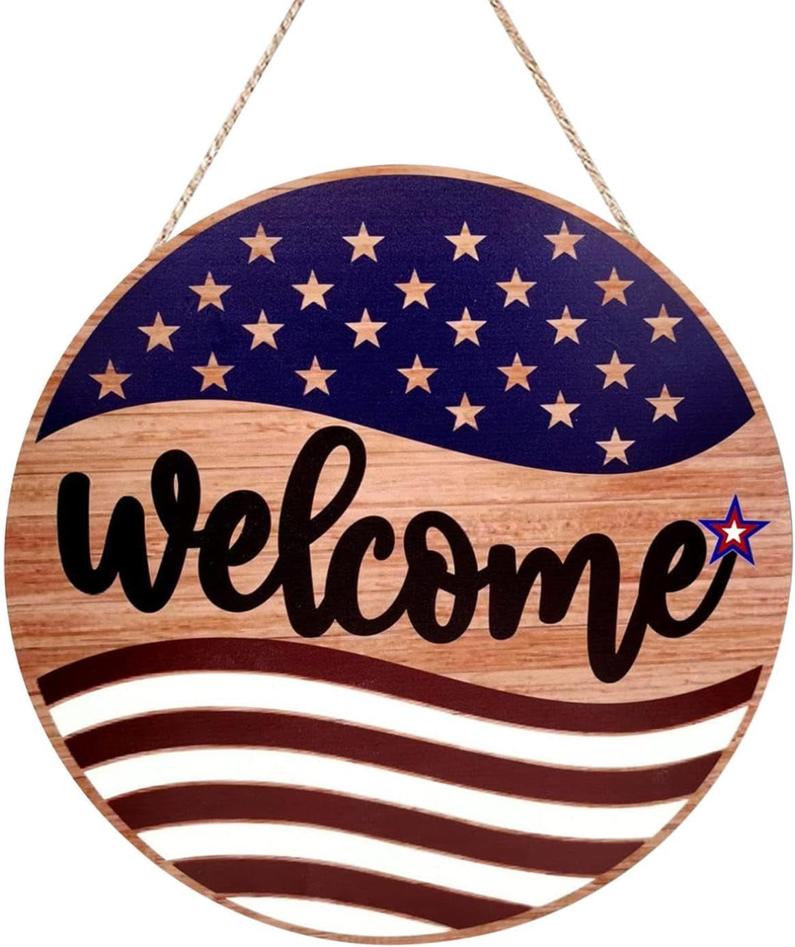 4th of July Welcome Sign for Front Door Patriotic American Flag Wooden ...