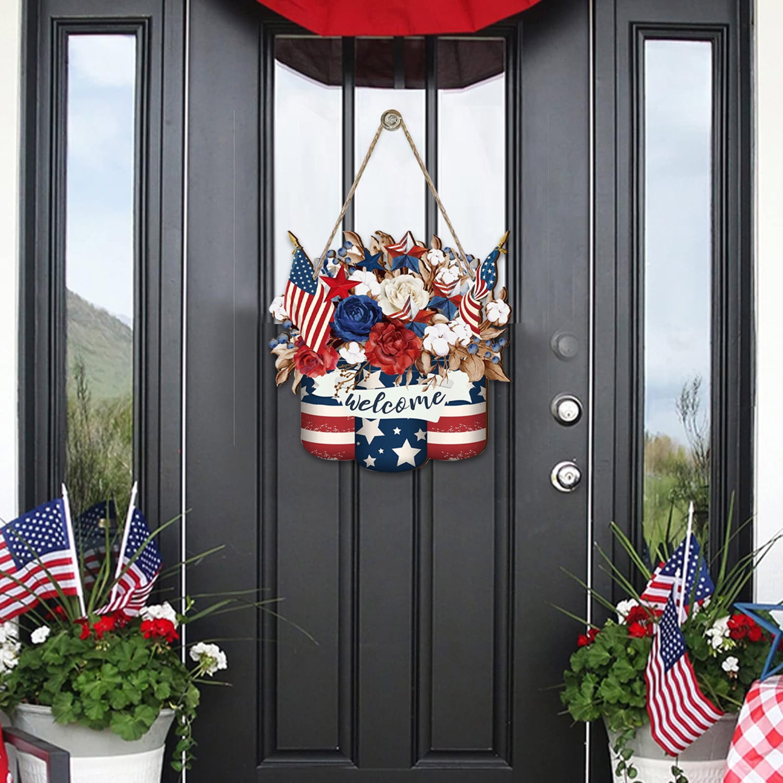 4th of July Welcome Sign Hanging Wooden Wreath Decoration Flower Vase ...
