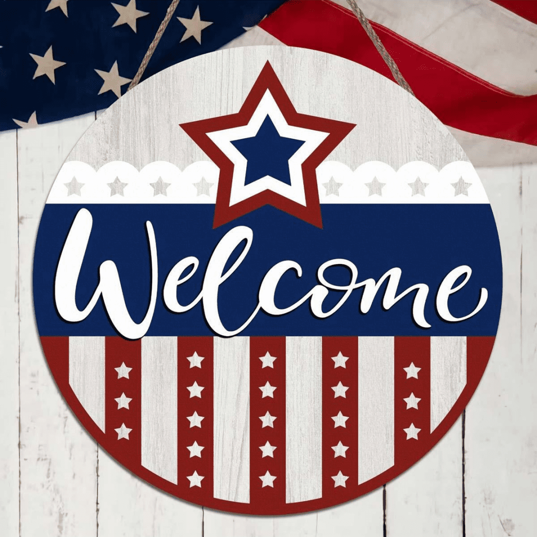 4th of July Welcome Sign Wooden Patriotic Stars Door Hanger Sign for ...