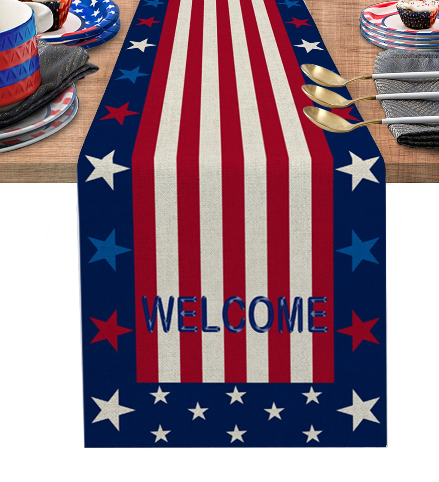 4th of July Welcome Stripes Table Runner 72 Inches, Blue Red Star ...