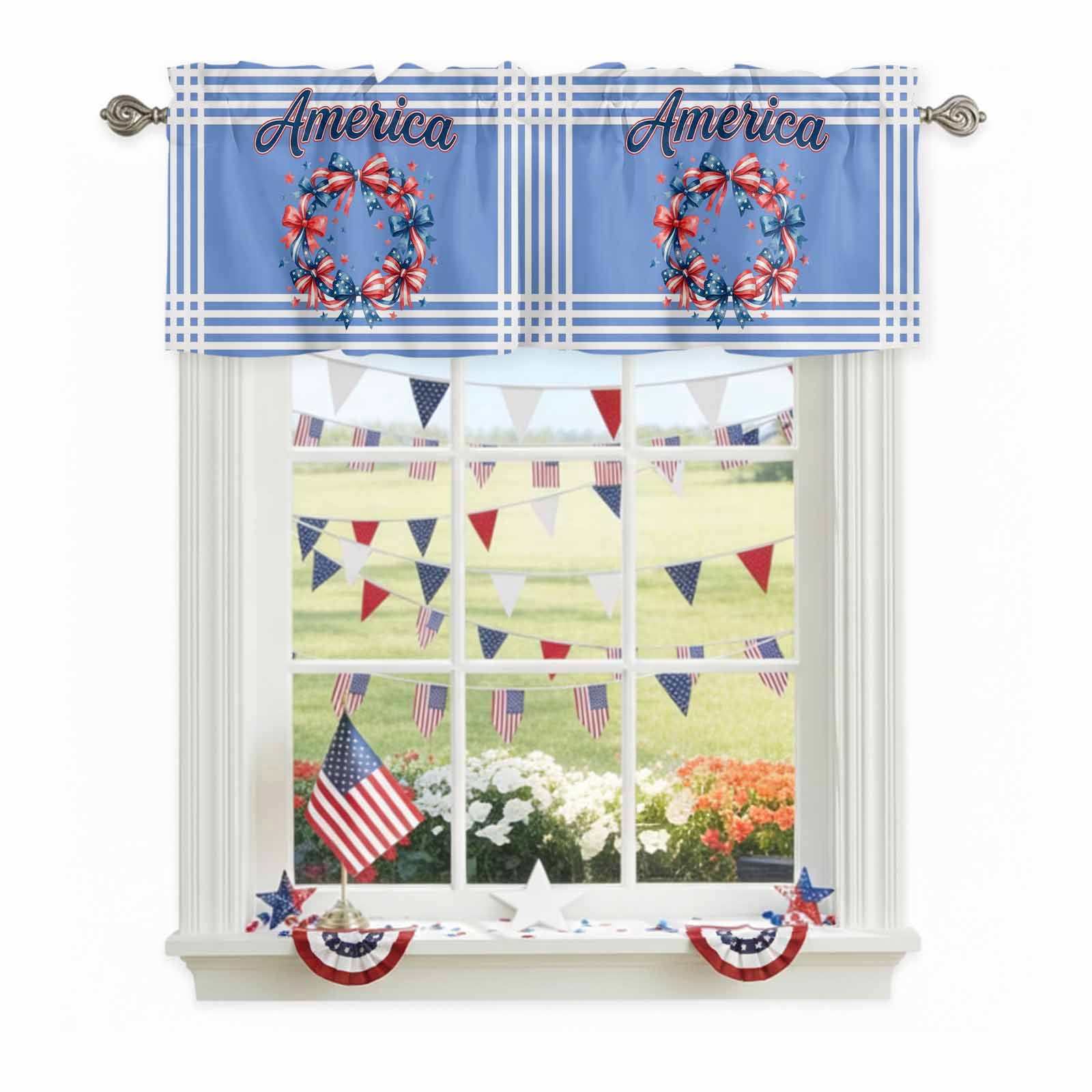4th of July Window Valances for Kitchen, Patriotic Bow Wreath Stars and ...