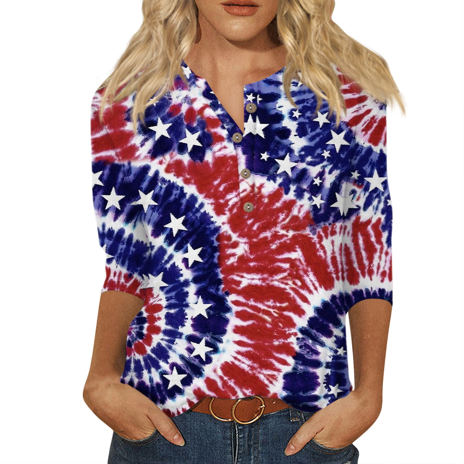 4th of July Women Tops Dressy Casual 3/4 Sleeve Loose Cute Trendy Patriotic T-Shirt Shirts USA ...