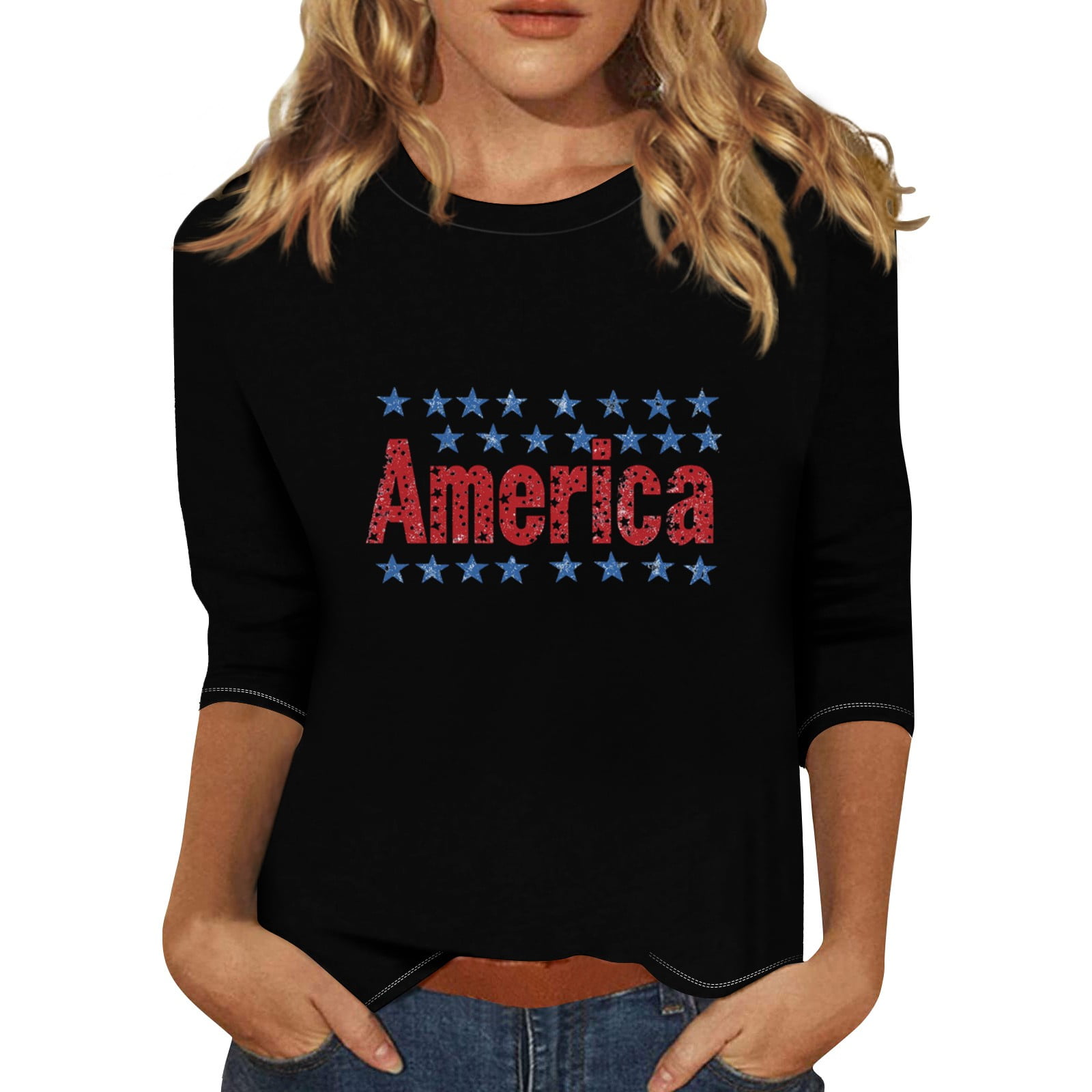 4th of July Women's 3/4 Sleeve Shirts And Blouses Casual Patriotic ...