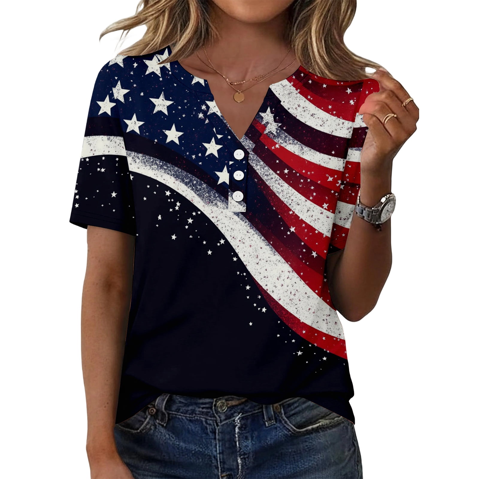 4th of July Women’s Short Sleeve Henley Blouse, USA Flag Star Stripe ...
