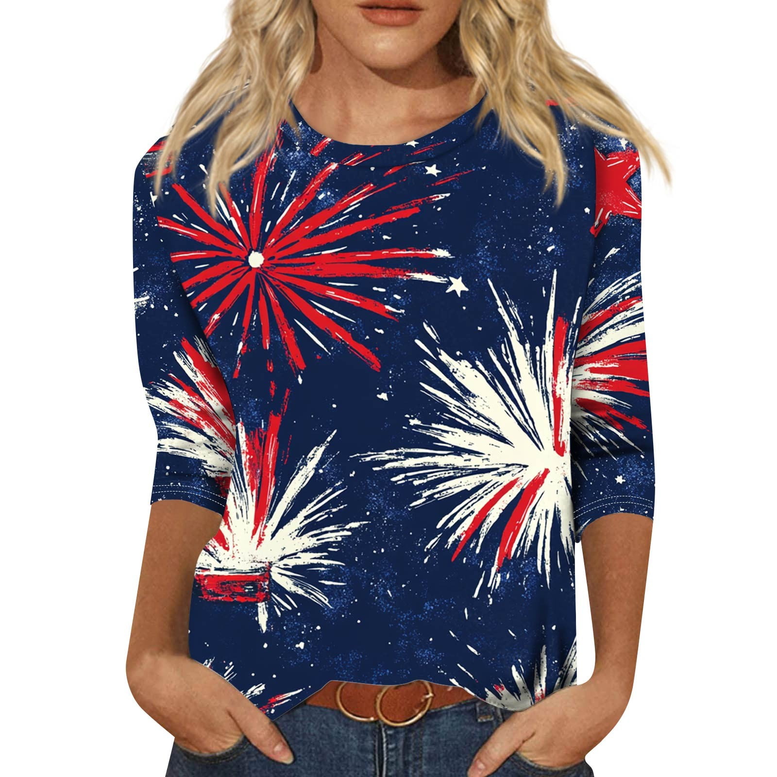 4th of July Womens Blouses 3/4 Sleeve Shirts Polyester Loose Tunic Tops Elbow Casual American ...