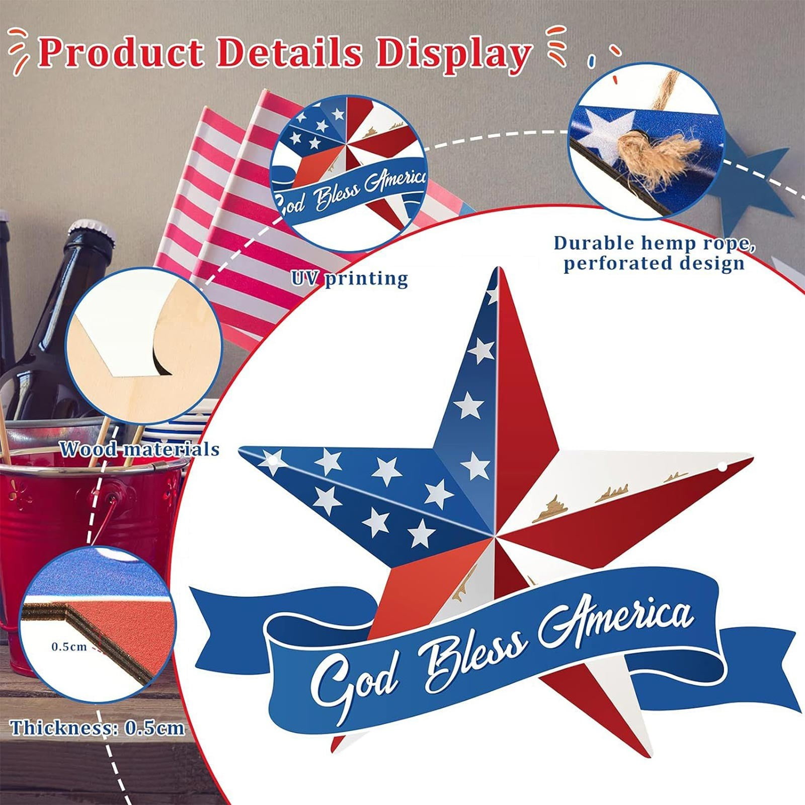 4th of July Wooden Decoration Patriotic Hanging Door Sign with Rope ...