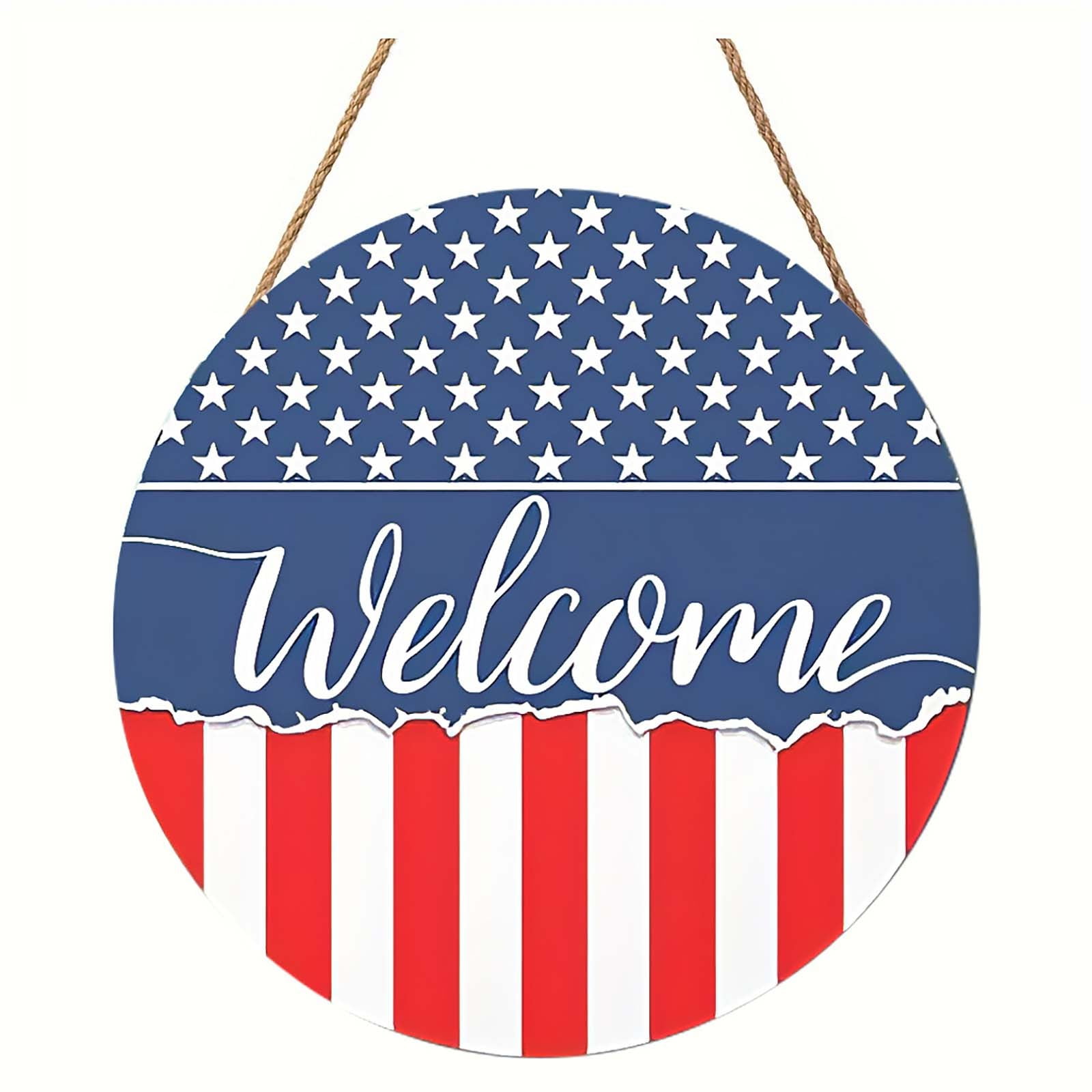 4th of July Wooden Hanging Welcome Sign, 12" Patriotic Wooden Hanging ...