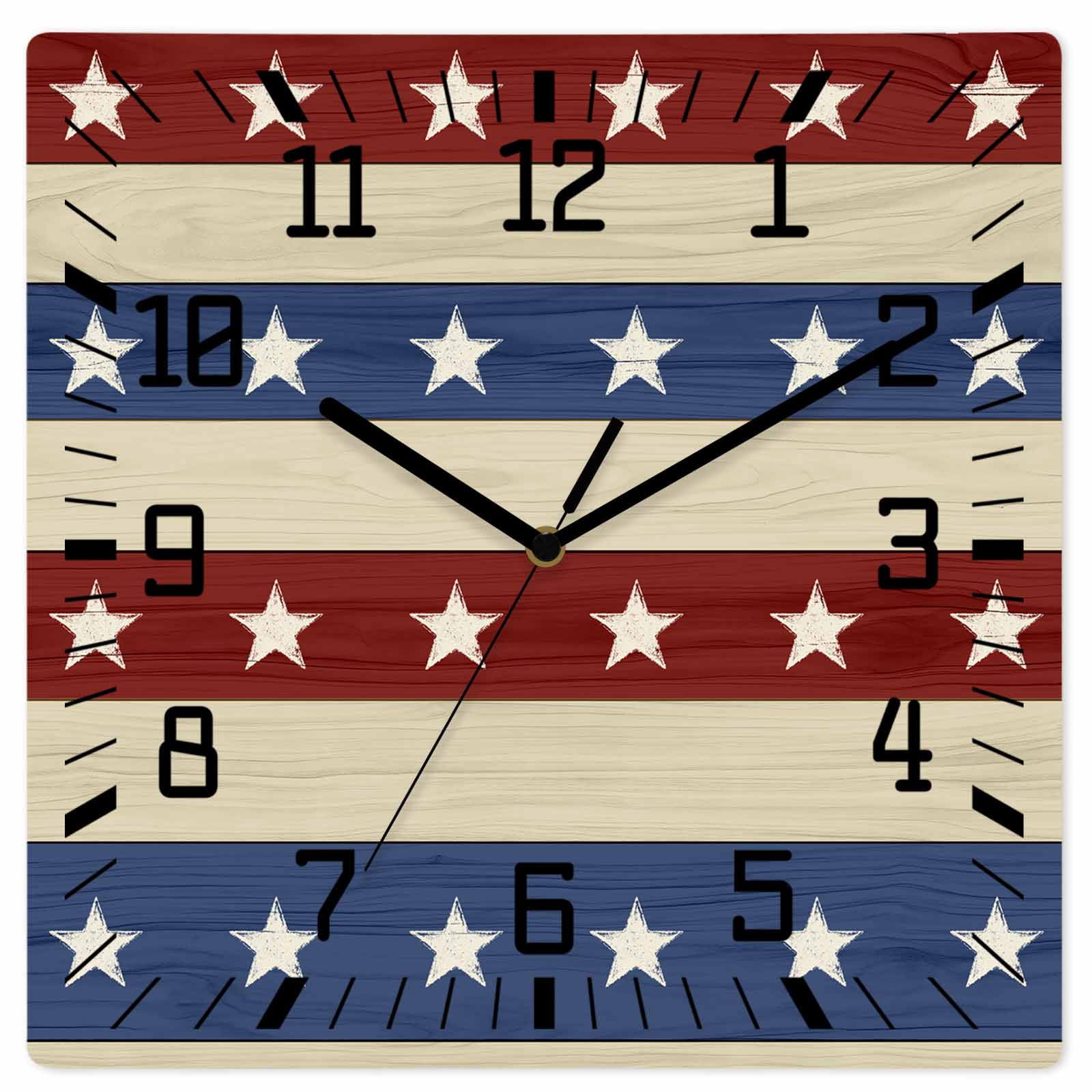 4th of July Wooden Wall Clock Silent Non Ticking, Blue Red Star Striped ...