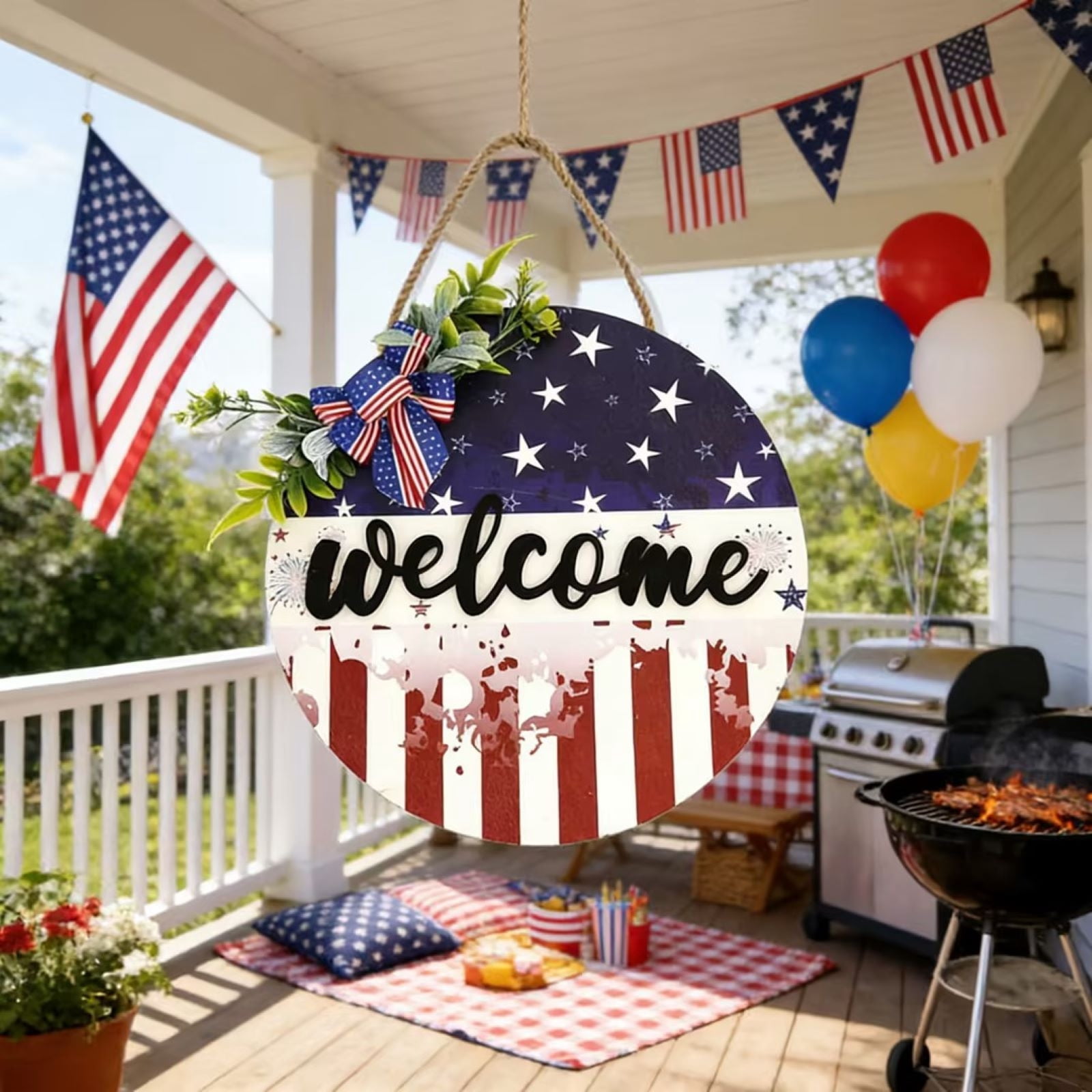 4th of July Wreath for Front Door Patriotic Wreaths Wooden Welcome ...