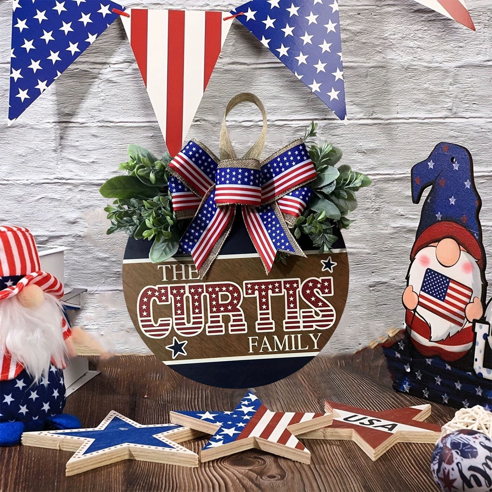 4th of July Wreath for Front Door – Wooden Round Patriotic Wreath for ...