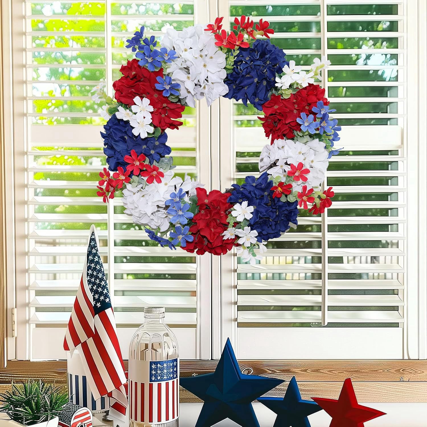 4th of July Wreath - Red White Blue Silk Hydrangea Patriotic Wreaths ...