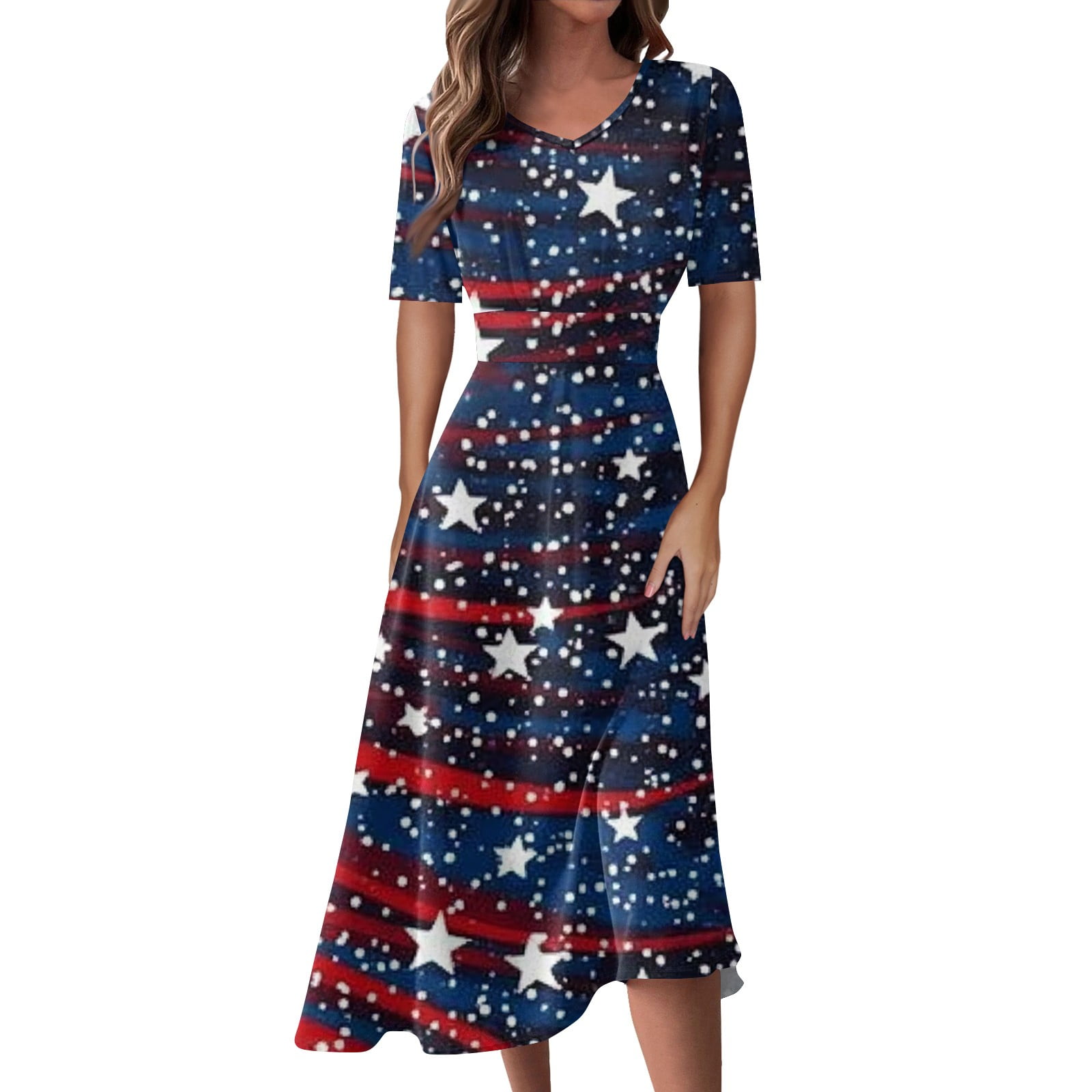 4th of July plus size sun dresses for curvy women Casual Short Sleeve Wrap Patriotic Midi Dress ...
