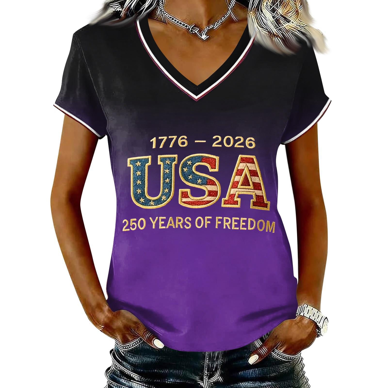4th of July tops for Women Casual V Neck Short Sleeve Pullover T Shirt ...