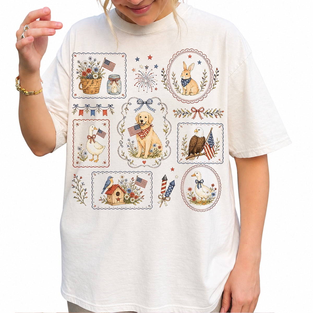 4th Of July Cottagecore Patriotic Animals Graphic Casual T-Shirt for ...